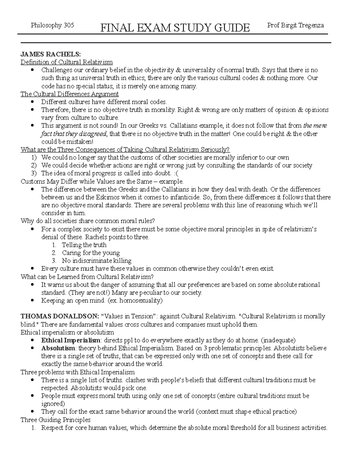 Final Study Guide SUM - Philosophy 305 FINAL EXAM STUDY GUIDE Prof Birgit Tregenza JAMES RACHELS ...