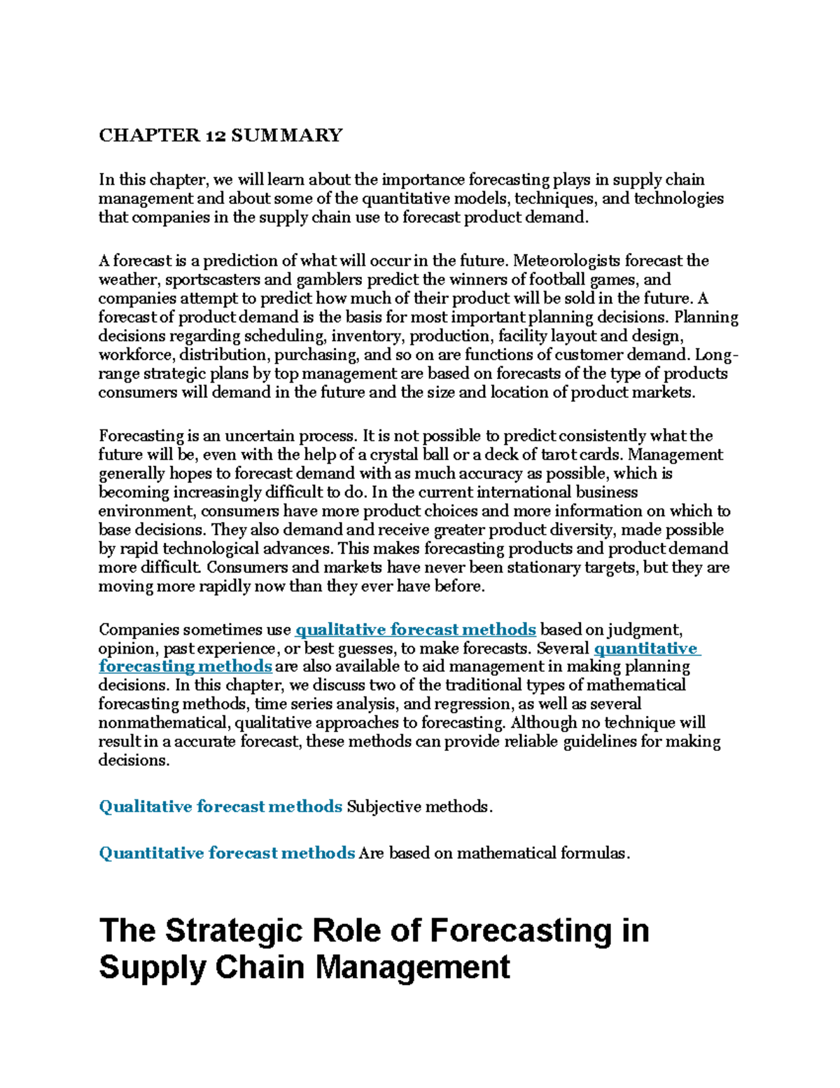 MT435 Chapter 12 - Operations and Supply Chain Management - CHAPTER 12 SUMMARY In this chapter ...