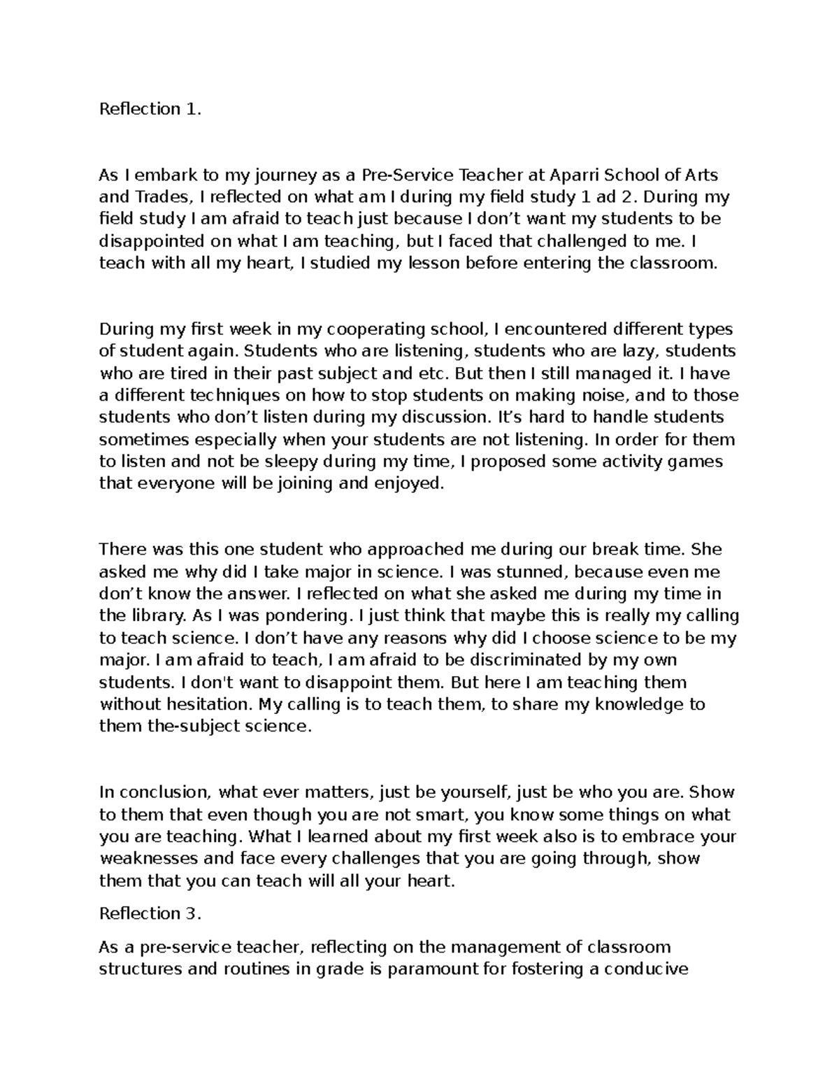 Document - Reflection 1. As I embark to my journey as a Pre-Service ...