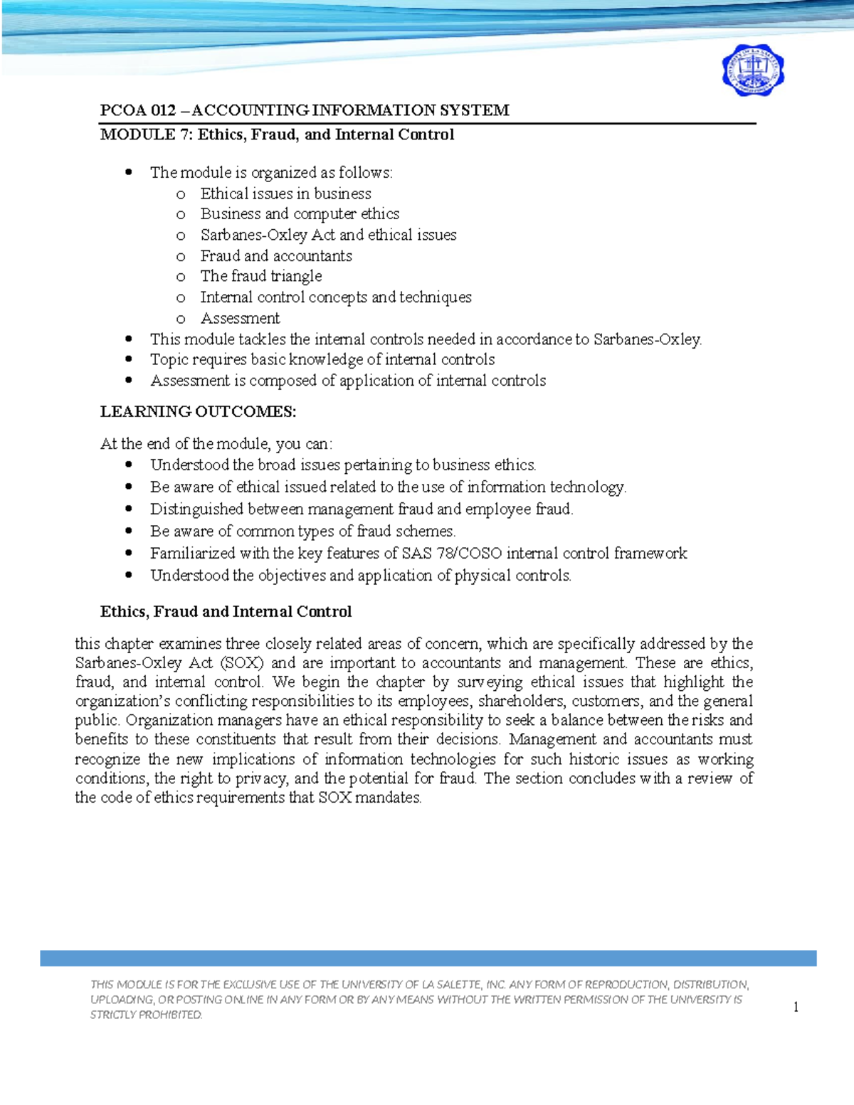 AIS Module 7 Ethics, Fraud, and Internal Control - THIS MODULE IS FOR ...