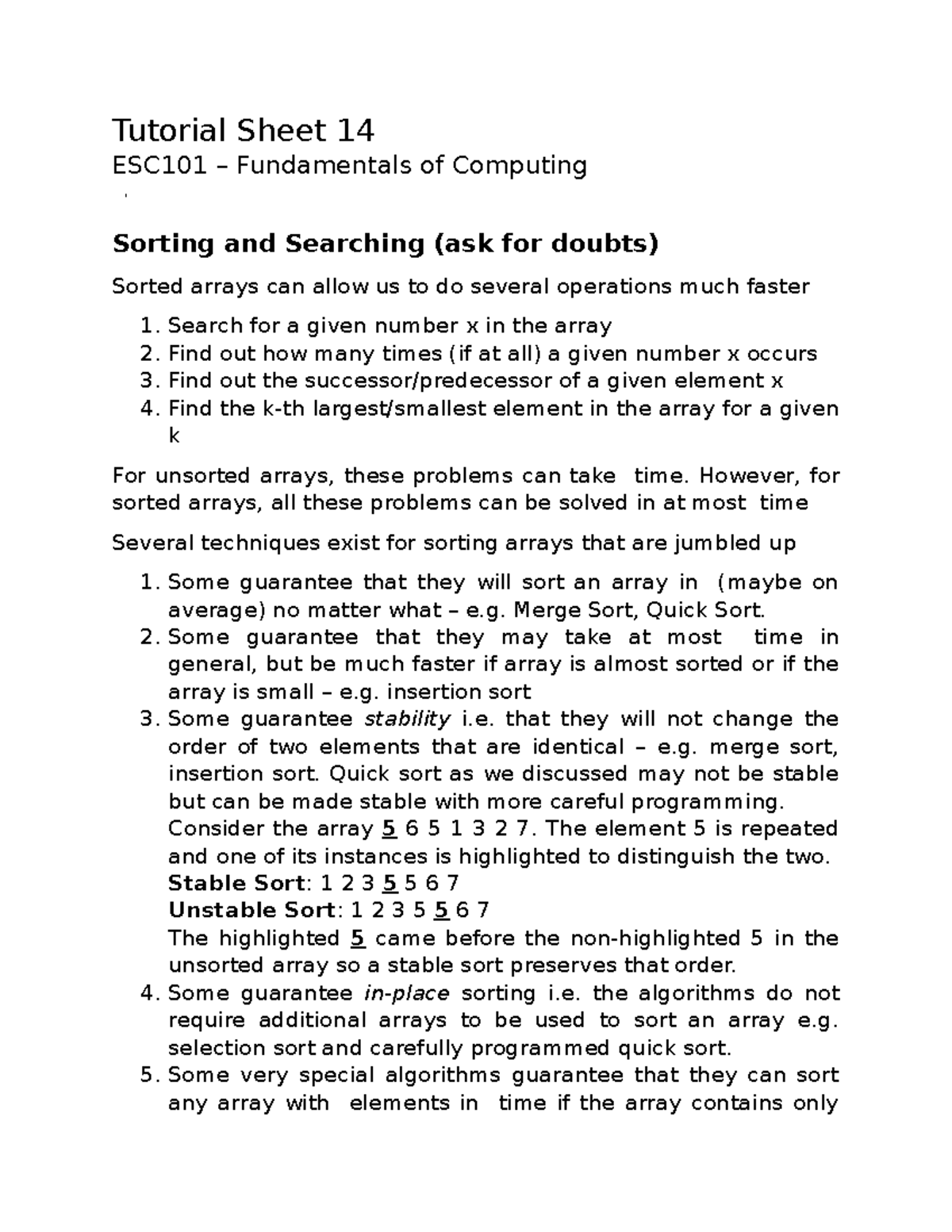 Week14 - Tutorial sheet shared by professor - Tutorial Sheet 14 ESC101 – Fundamentals of ...