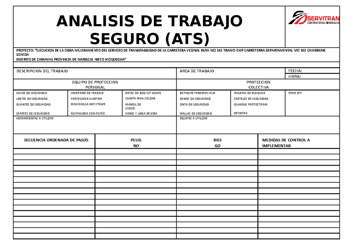 ADM-F-0034 REV 00 Modelo de ATS - ANALISIS DE TRABAJO SEGURO (ATS) PROYECTO: “EJECUCION DE LA ...