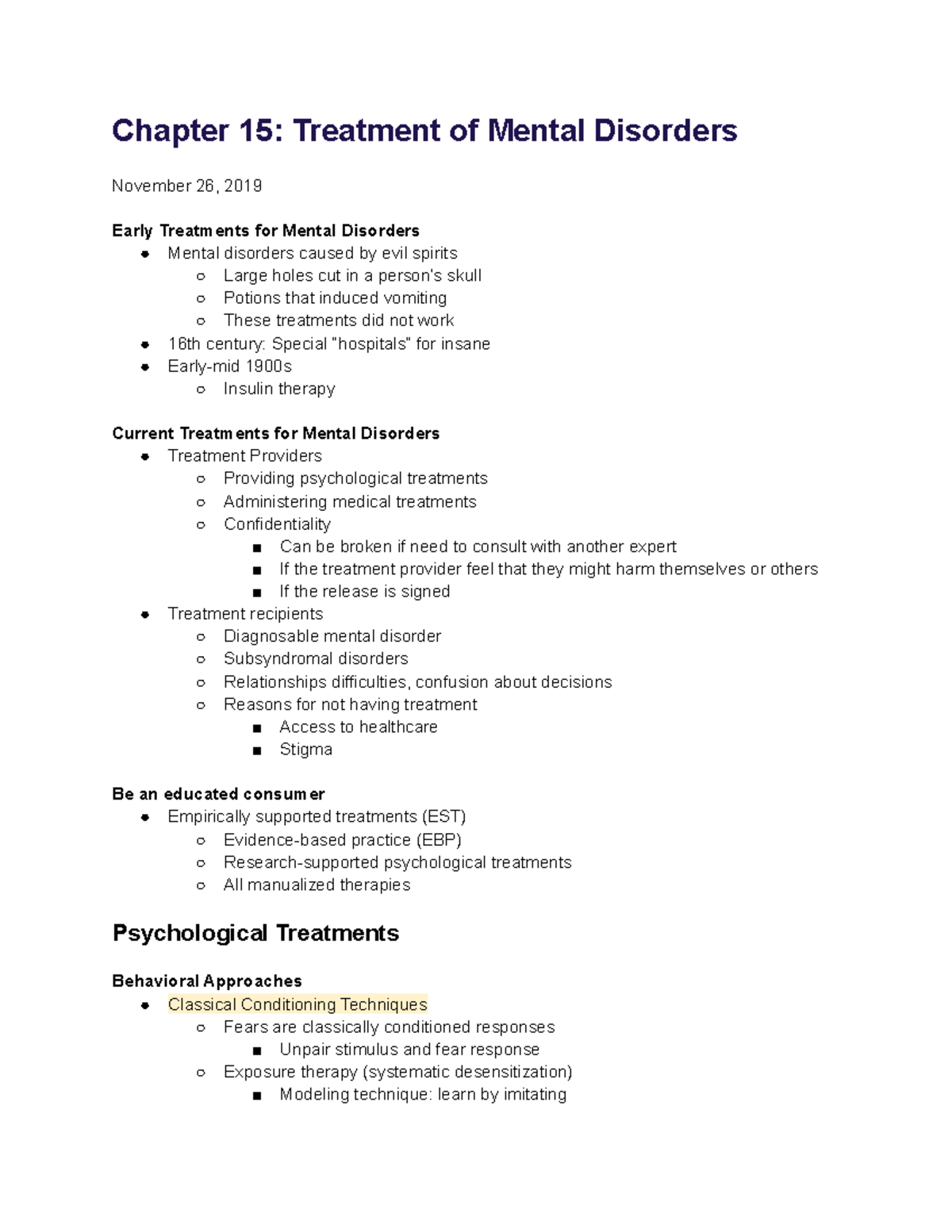 Chapter 15 Lecture Notes - Chapter 15: Treatment of Mental Disorders ...