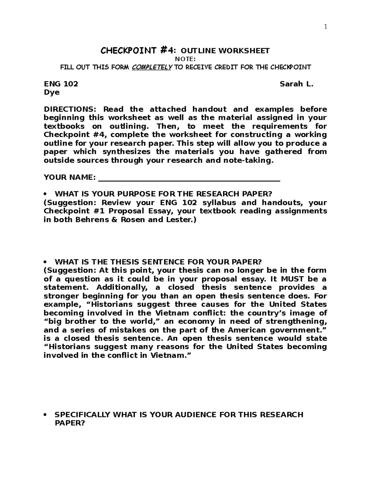 ENG 102 Ckpt 4 Outline Worksheets - CHECKPOINT #4: OUTLINE WORKSHEET ...