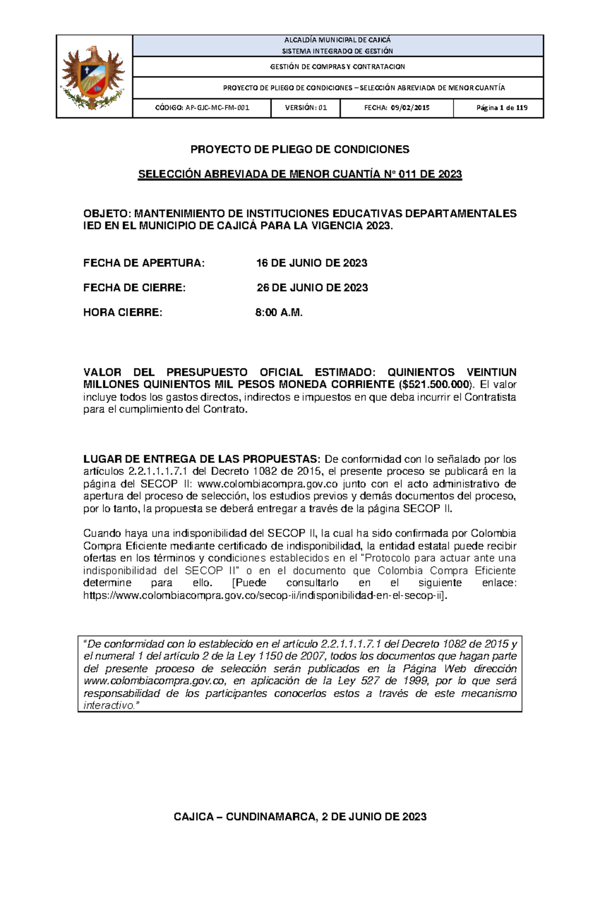 Proyecto DE Pliego DE Condiciones SAMC-011-2023 - SISTEMA INTEGRADO DE GESTI”N GESTI”N DE ...