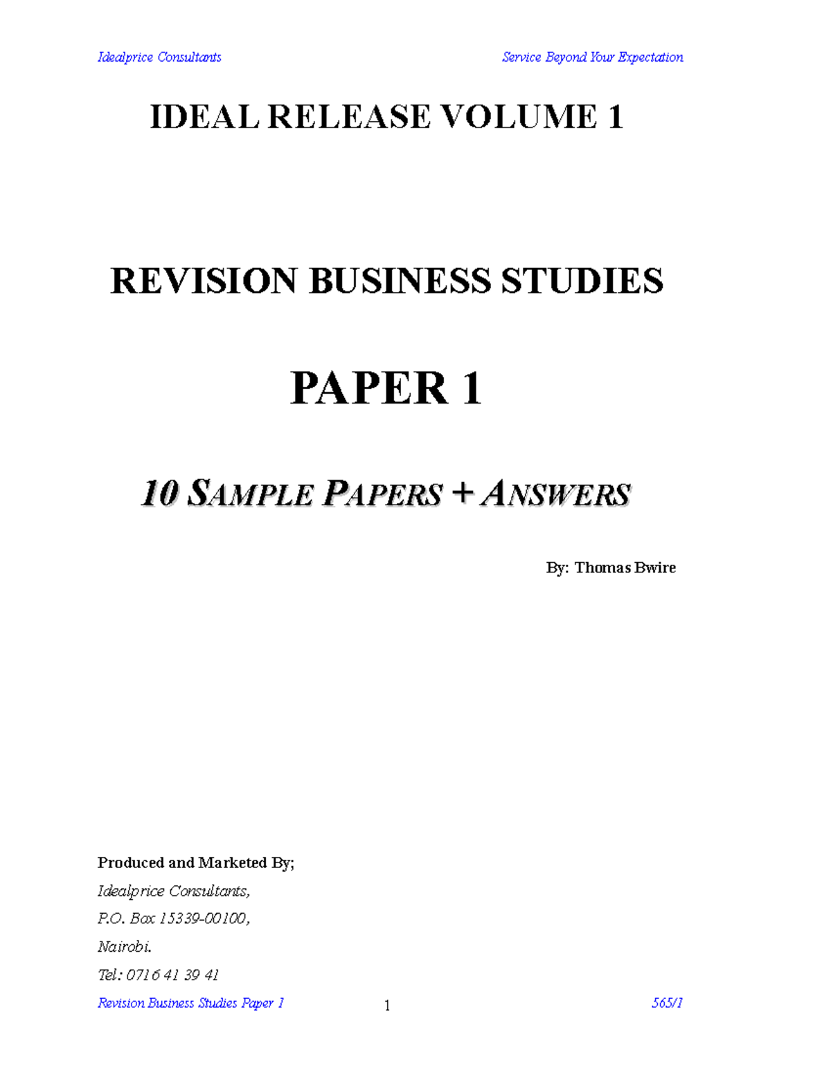 2. Business Studies Paper 1 Revision Booklet - IDEAL RELEASE VOLUME 1 ...
