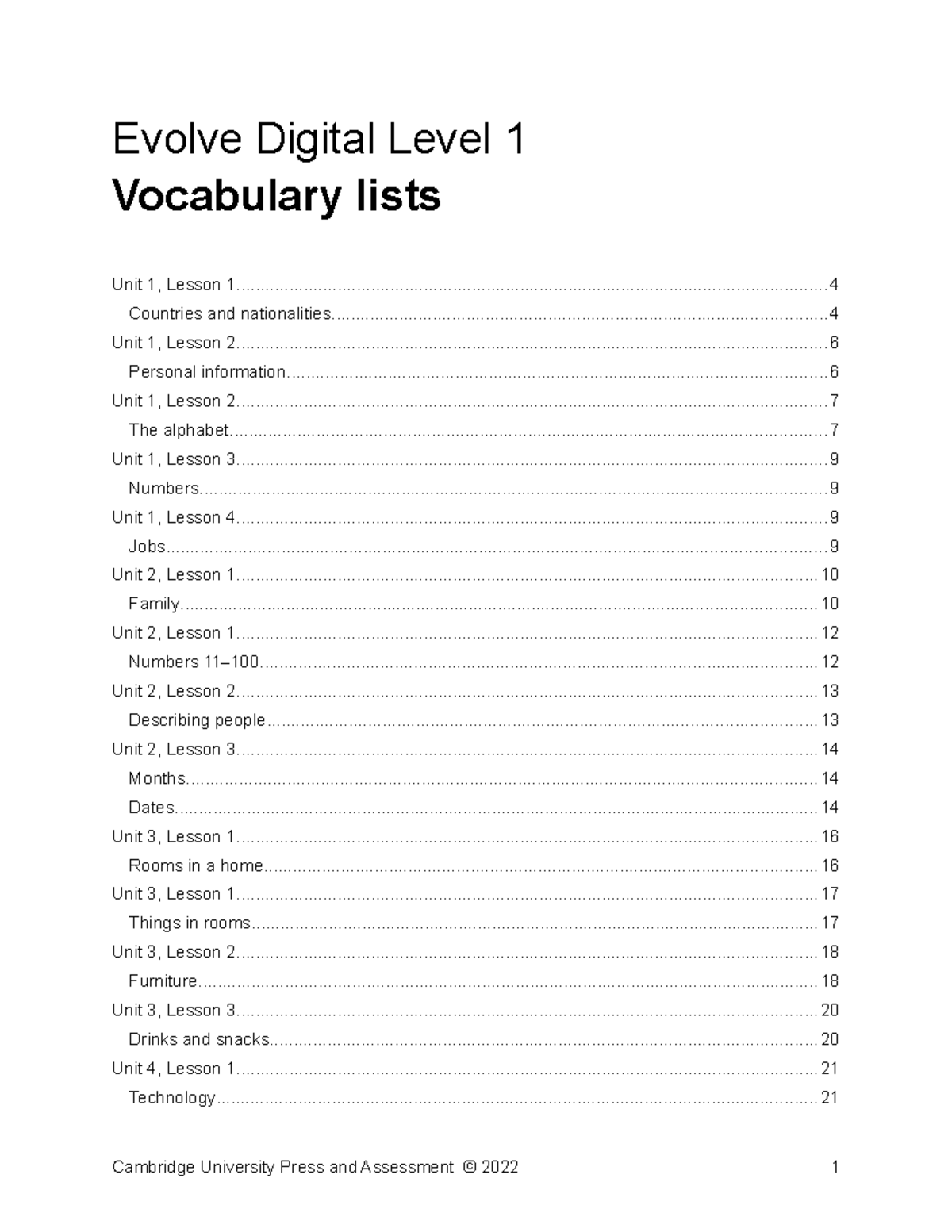 Evolve Digital Level 1 Vocabulary lists - Vocabulary lists Evolve ...