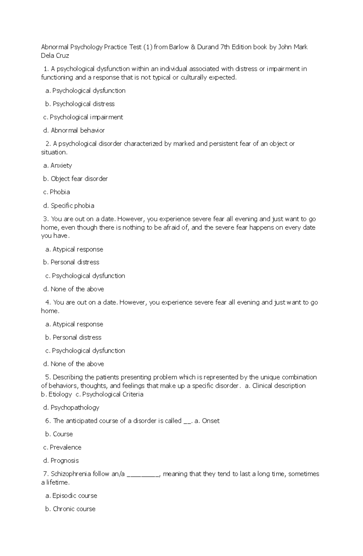 Toaz - Abnormal Psychology Practice Test (1) from Barlow & Durand 7th ...
