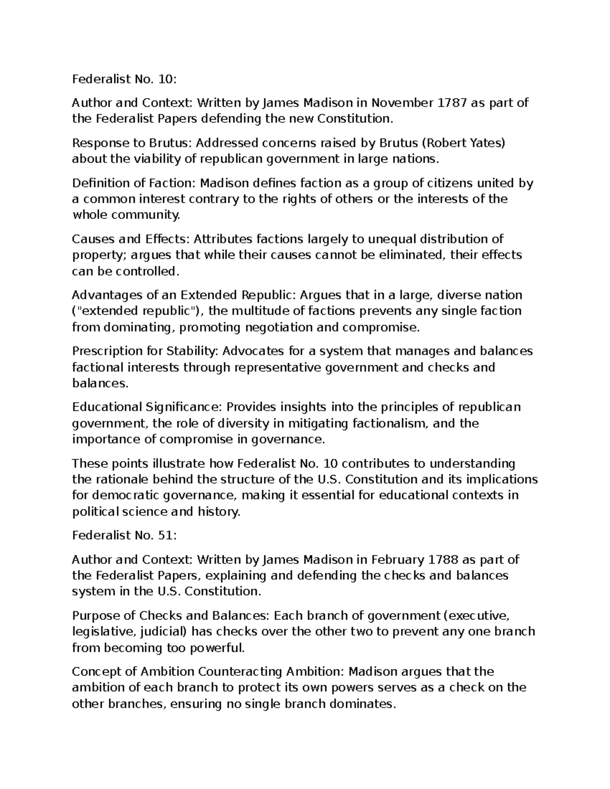 Federalist Papers AP GOV point summary - Federalist No. 10: Author and ...