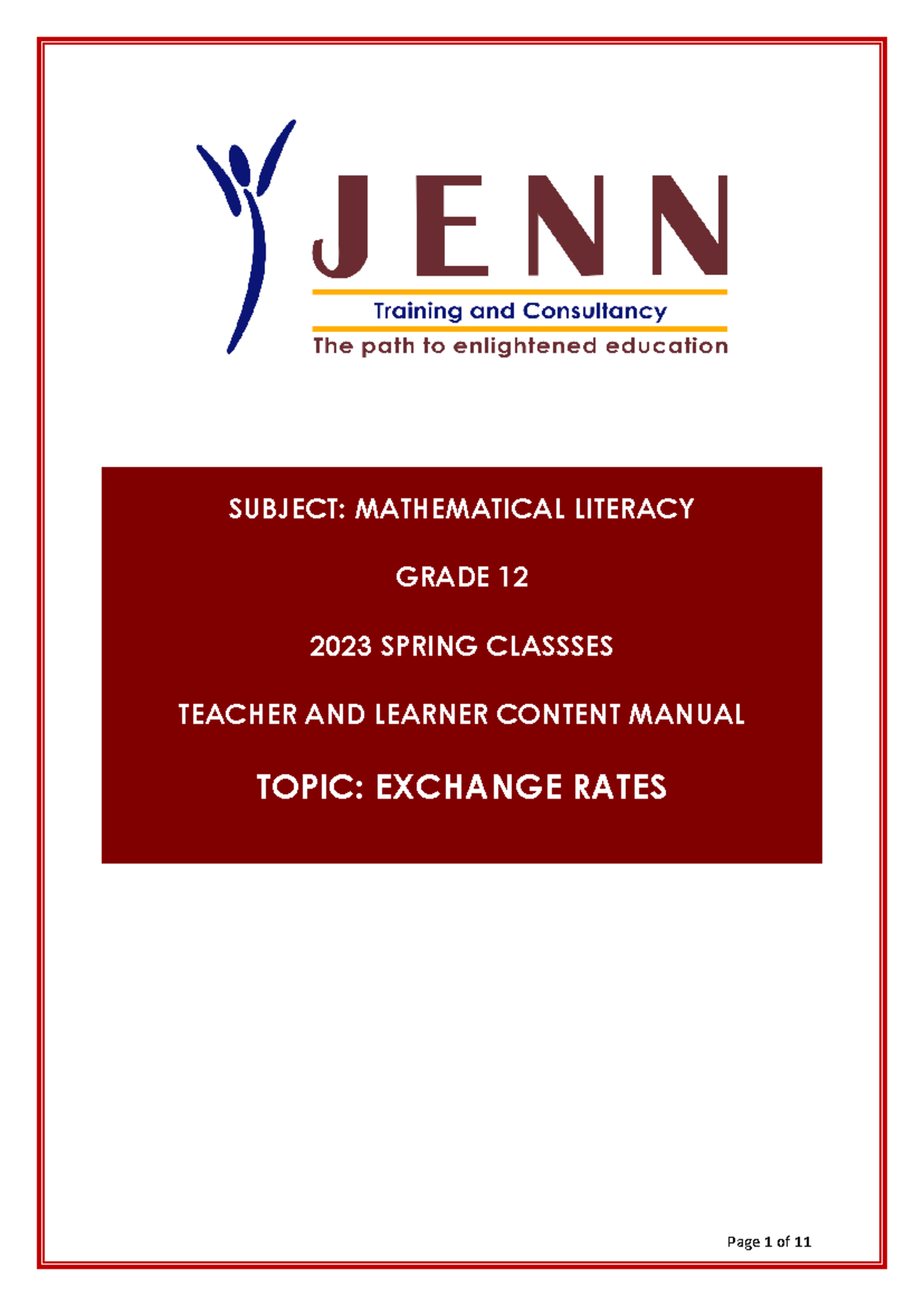 Maths Lit Spring Exchange Rates Manual - SUBJECT: MATHEMATICAL LITERACY ...