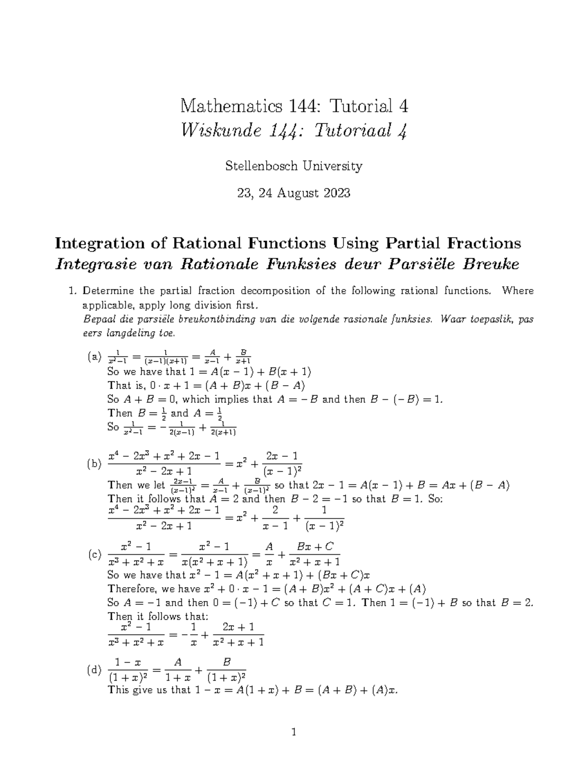 Maths 144 Tutorial 4 Memo - Mathematics 144: Tutorial 4 Wiskunde 144: Tutoriaal 4 Stellenbosch ...