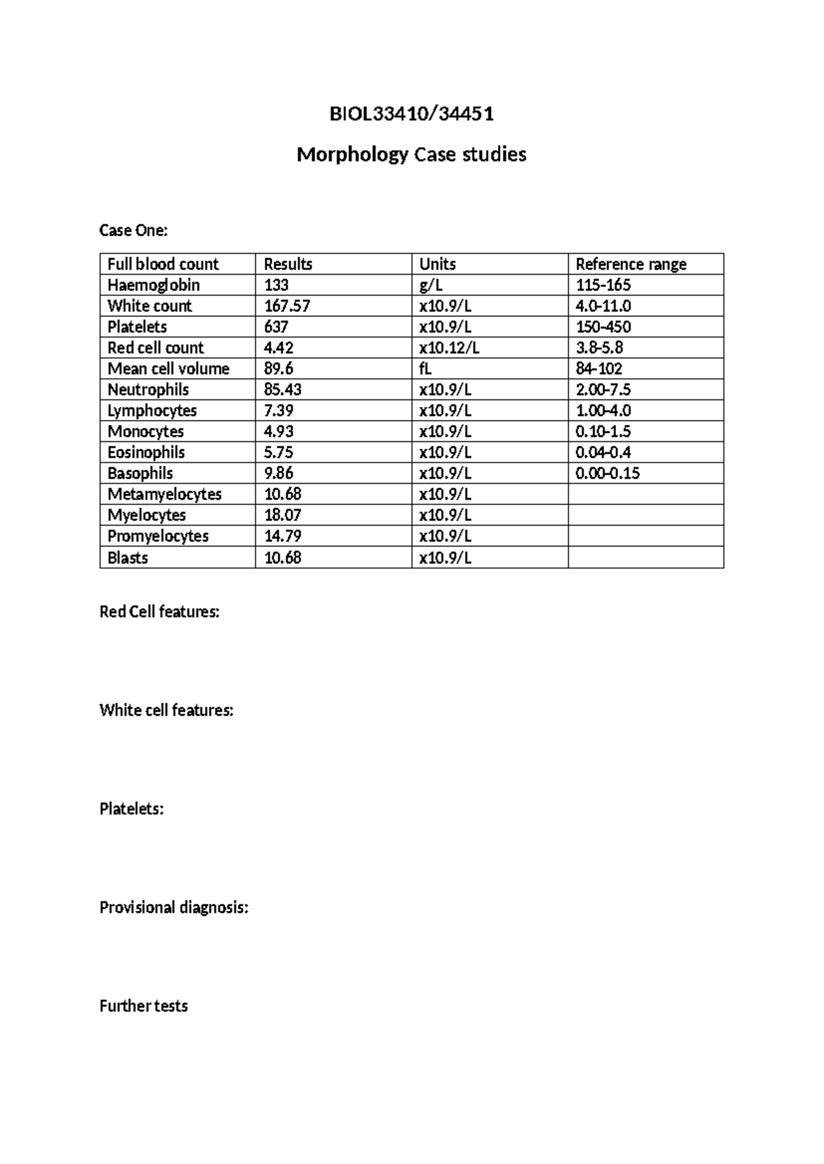 Morphology Case studies - BIOL33410/ Morphology Case studies Case One ...