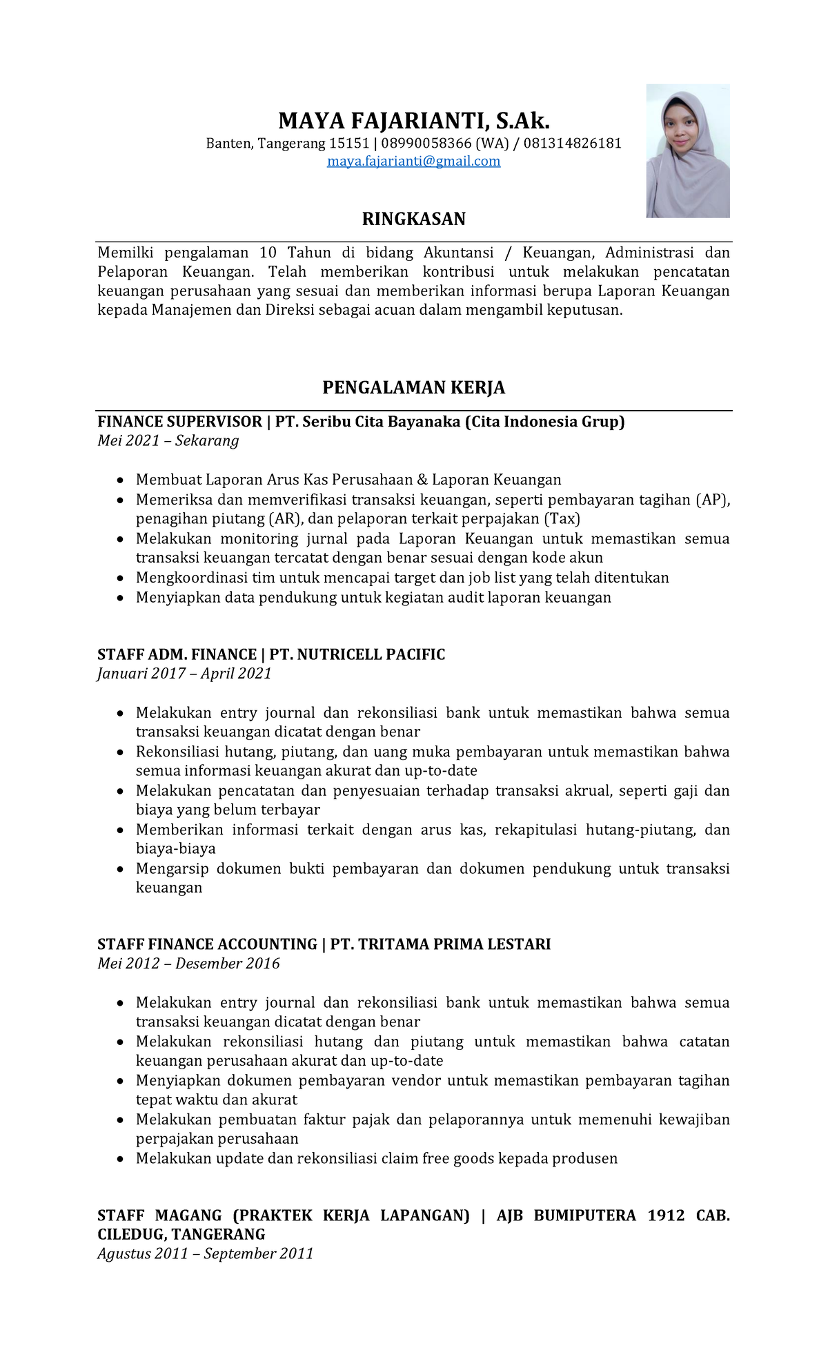 Curriculum vitae - MAYA FAJARIANTI, S. Banten, Tangerang 15151 | 08990058366 (WA) / 081314826181 ...