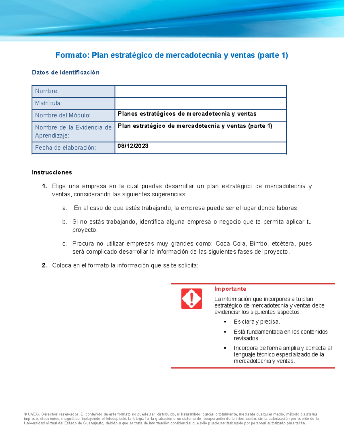 PEMy V Parte I tarea - Formato: Plan estratégico de mercadotecnia y ...