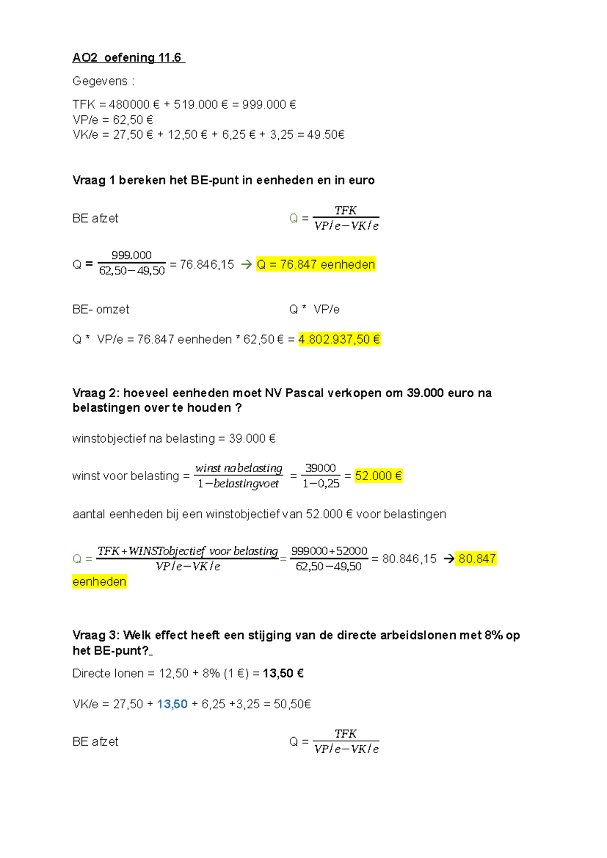 AO2 oplossing 11 - verbetering taak p425 - AO2 oefening 11. Gegevens ...