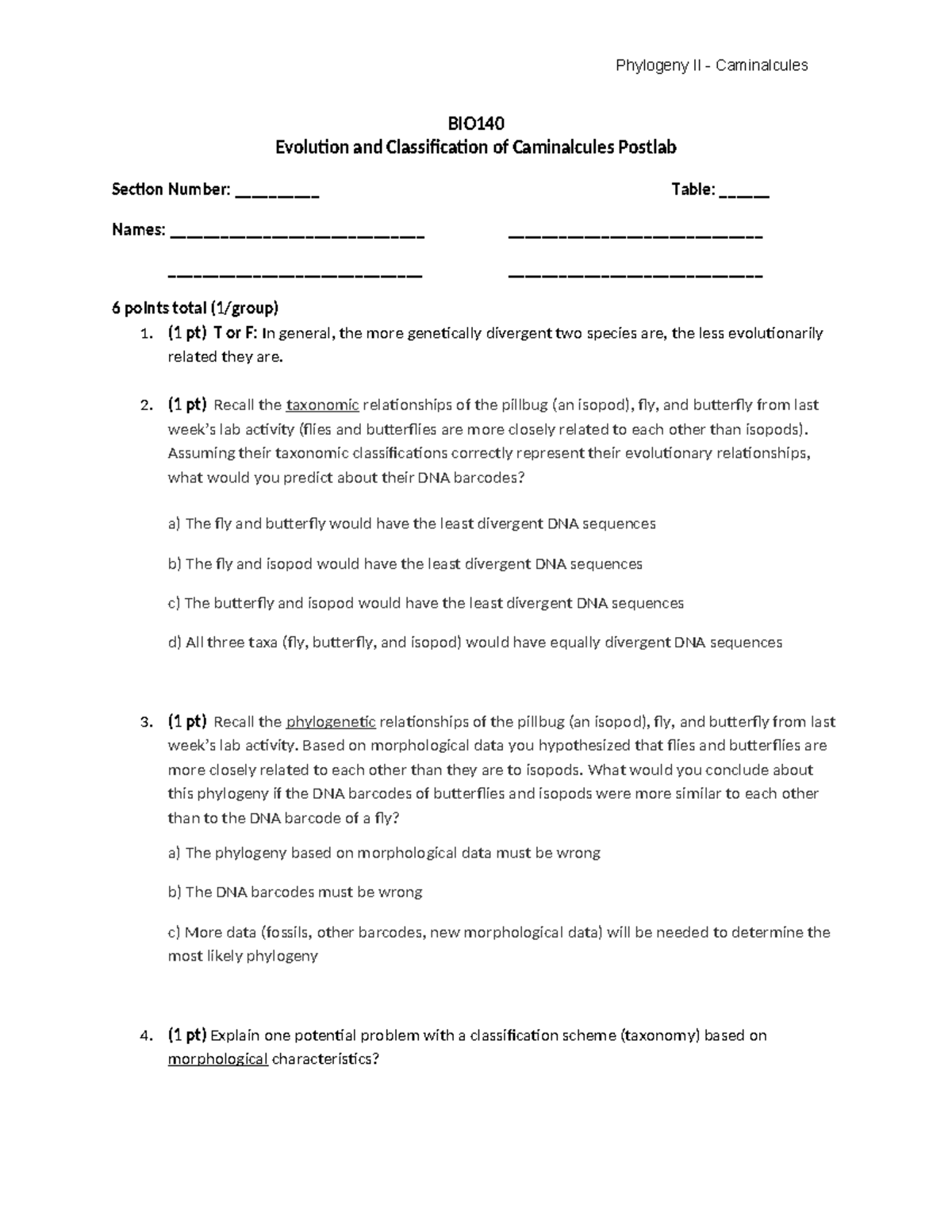 Caminalcules Postlab - Lab #4 post lab - Phylogeny II - Caminalcules ...