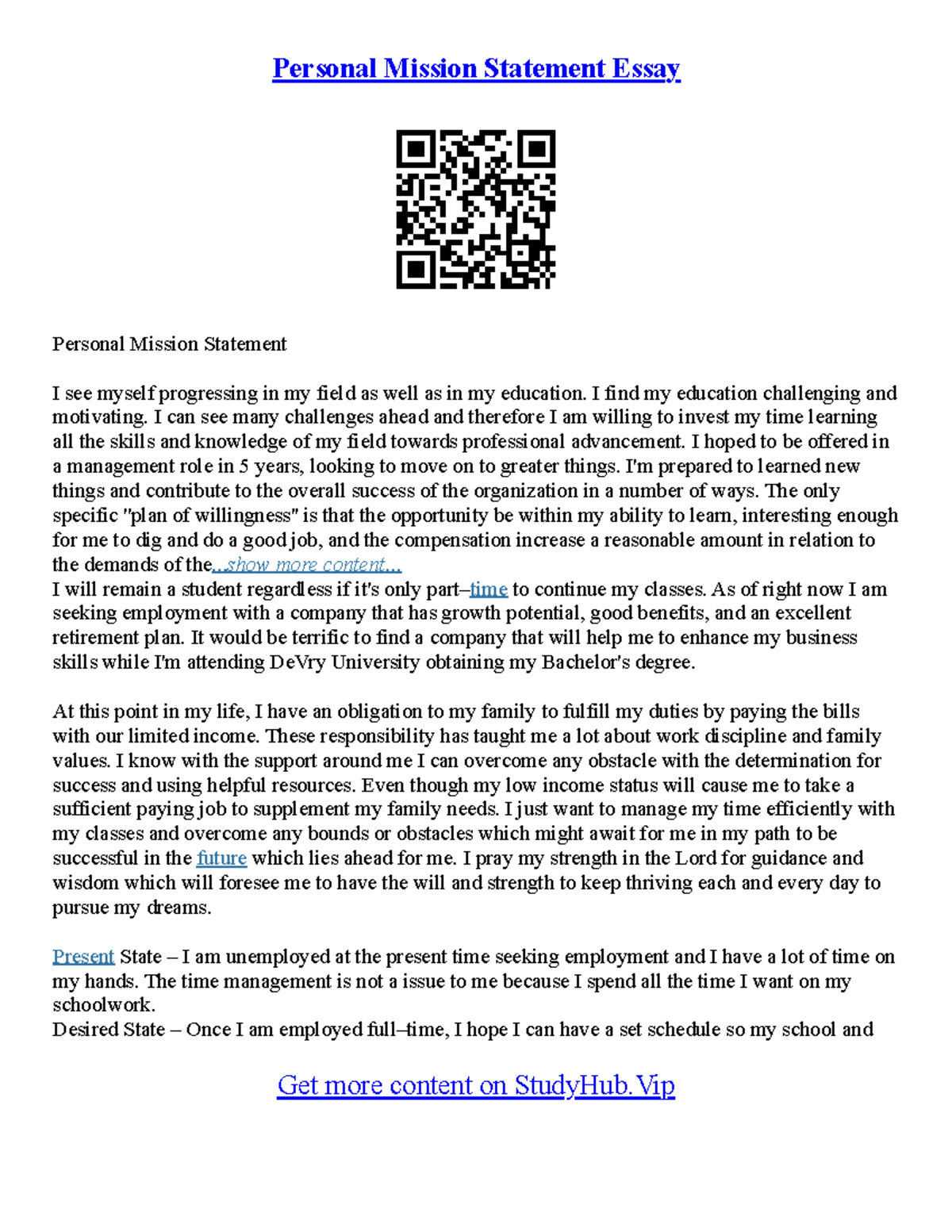 College Essay Personal Statement Examples - Personal Mission Statement ...