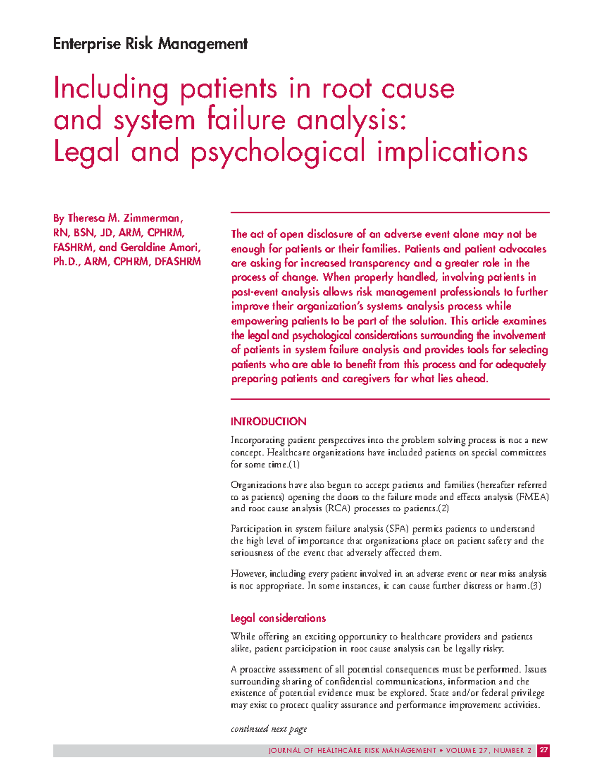 Zimmerman Including Ptsin Root Cause Analysis Ashrm 08 - Enterprise Risk Management Including ...