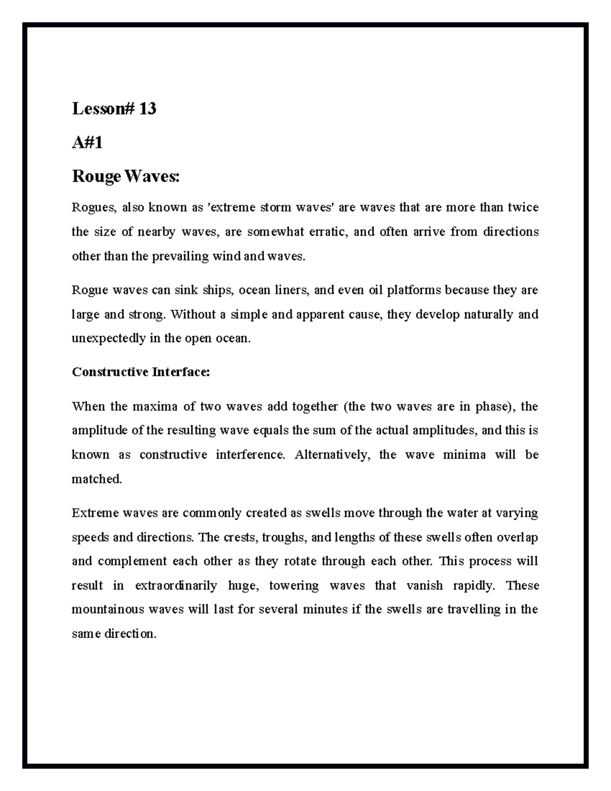 Lesson final - Lecture notes 1-5 - Lesson# 13 A# Rouge Waves: Rogues ...