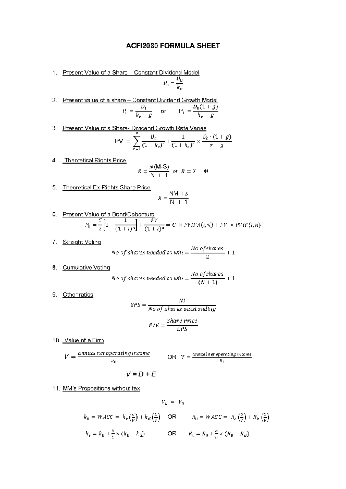 ACFI2080 Formula Sheet - ACFI2080 FORMULA SHEET Present Value of a ...