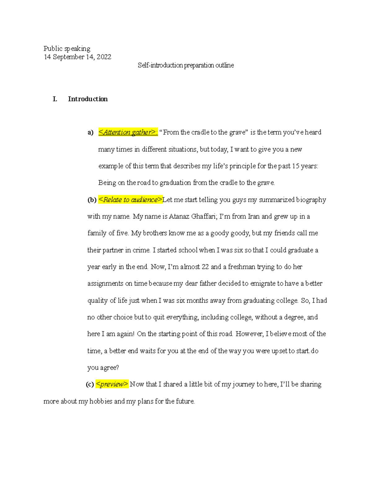 Self introduction outline - Public speaking 14 September 14, 2022 Self ...