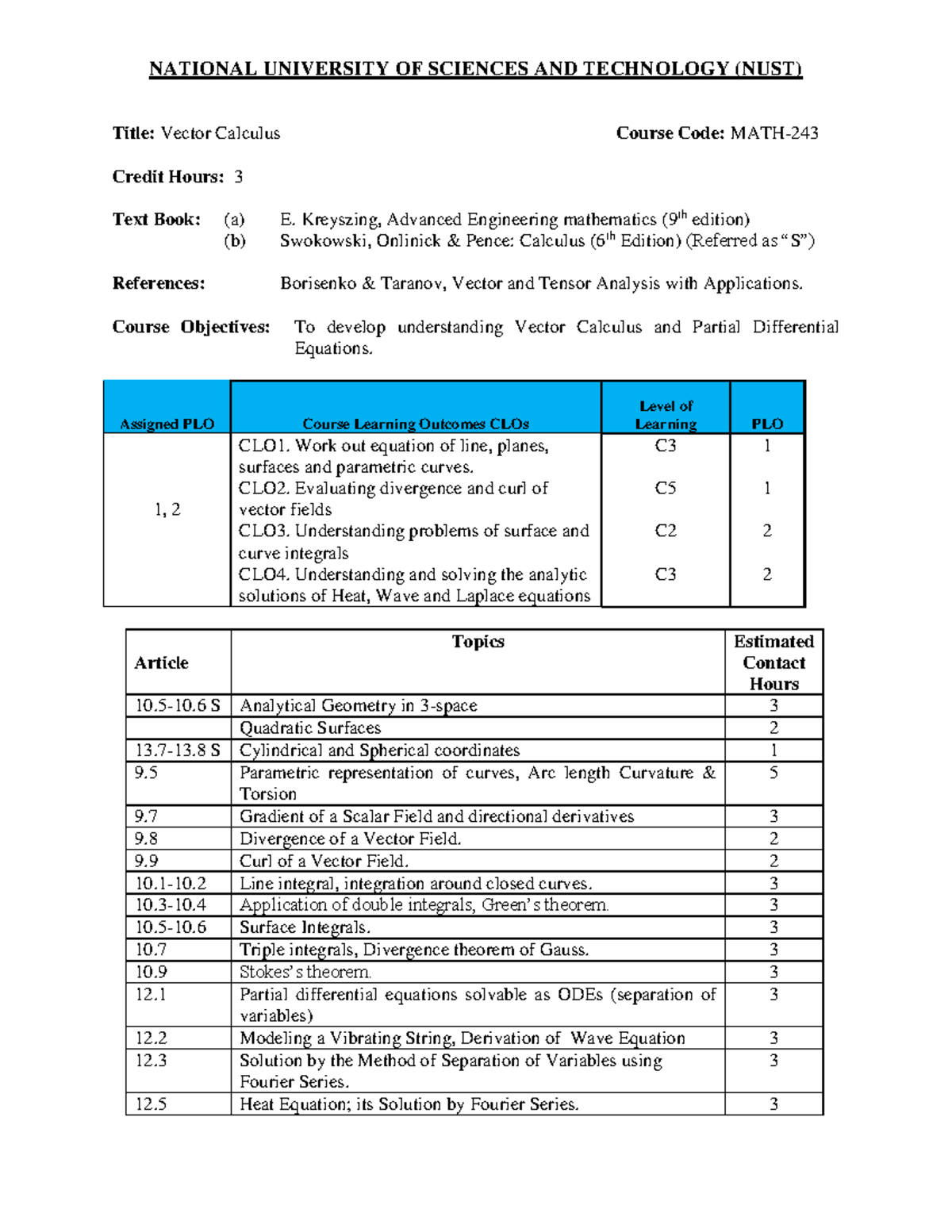 MATH-243 Course Outline - NATIONAL UNIVERSITY OF SCIENCES AND ...