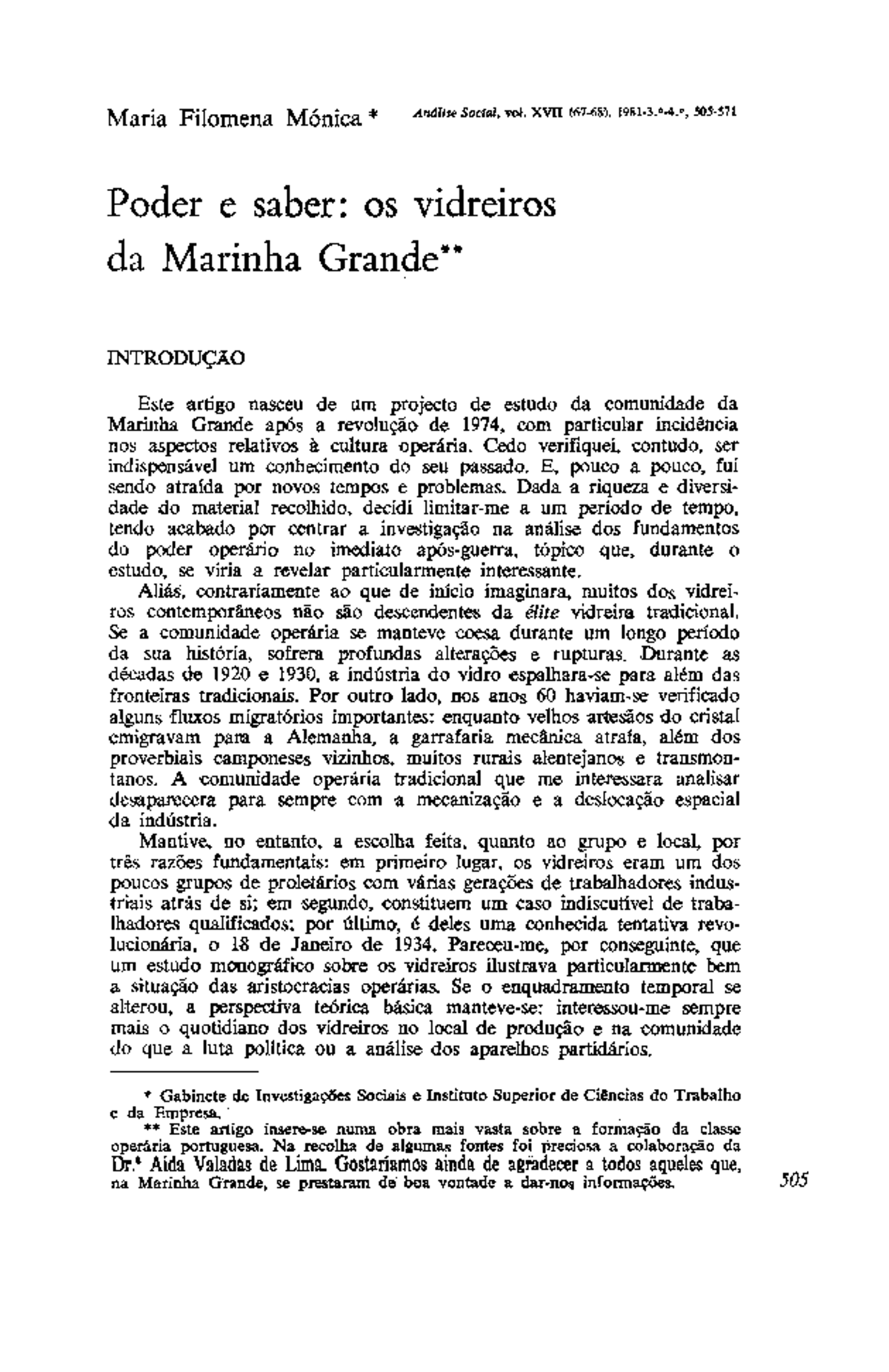 Saber e Poder Vidreiros de Filomena Mónica - M a r i a F i l o m e n a M ó n i c a * - Studocu