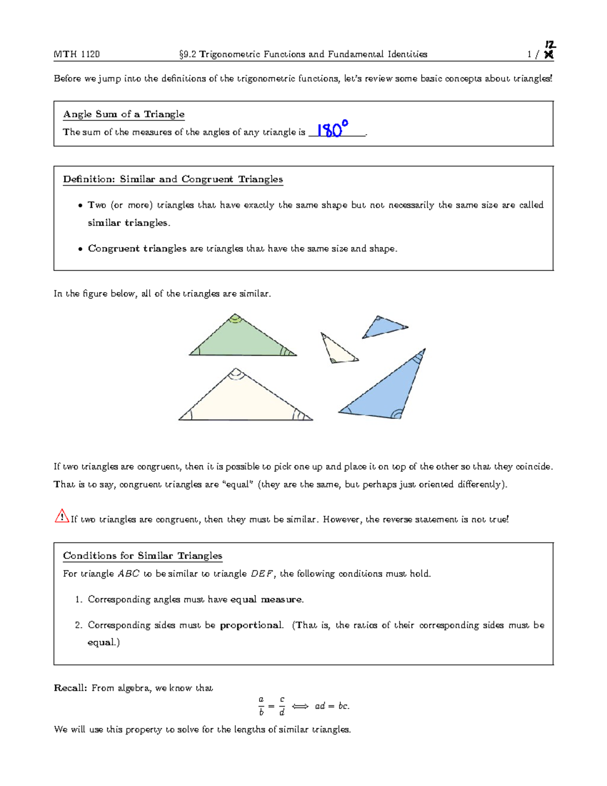 9.2 (Annotated) Trigonometric Functions and Fundamental Identities-1 ...