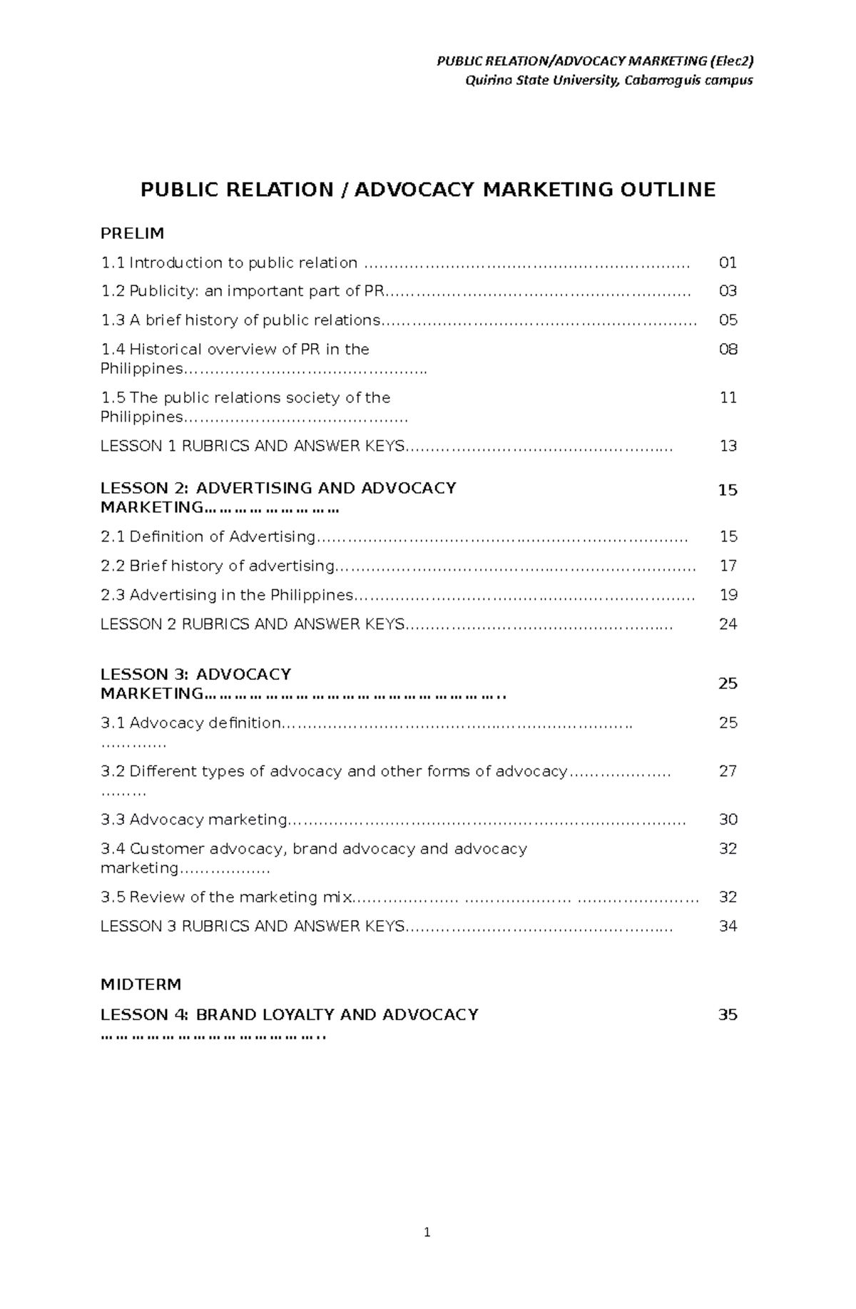 PUBLIC RELATION / ADVOCACY MARKETING OUTLINE - Quirino State University ...