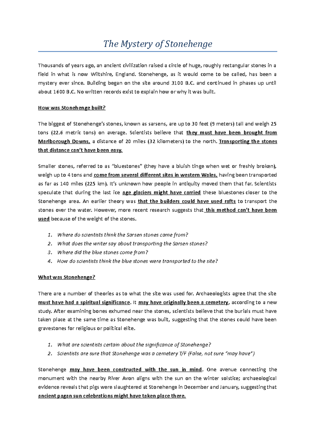 The mystery of stonehenge teachers copy with key - The Mystery of ...