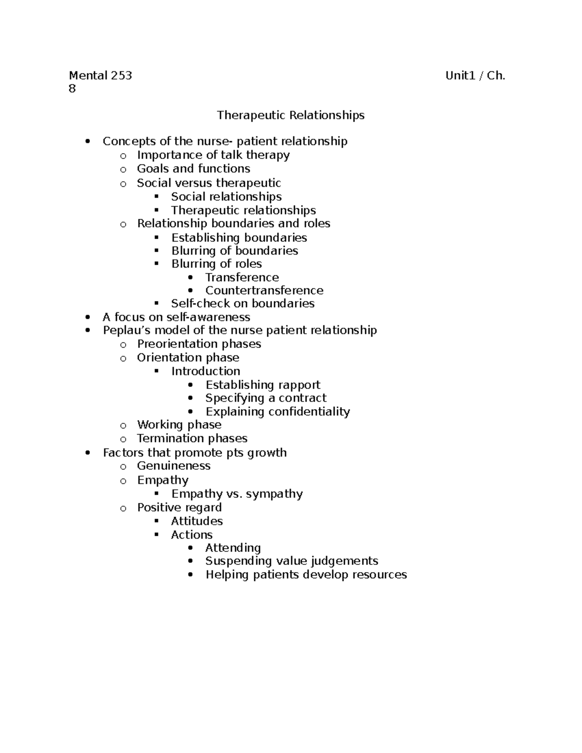 Mental 253 ch 8 - Mental 253 Unit1 / Ch. 8 Therapeutic Relationships ...