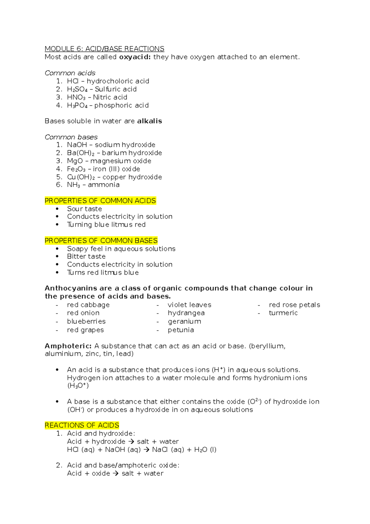 Module 6 - CHEM Notes - MODULE 6: ACID/BASE REACTIONS Most acids are ...