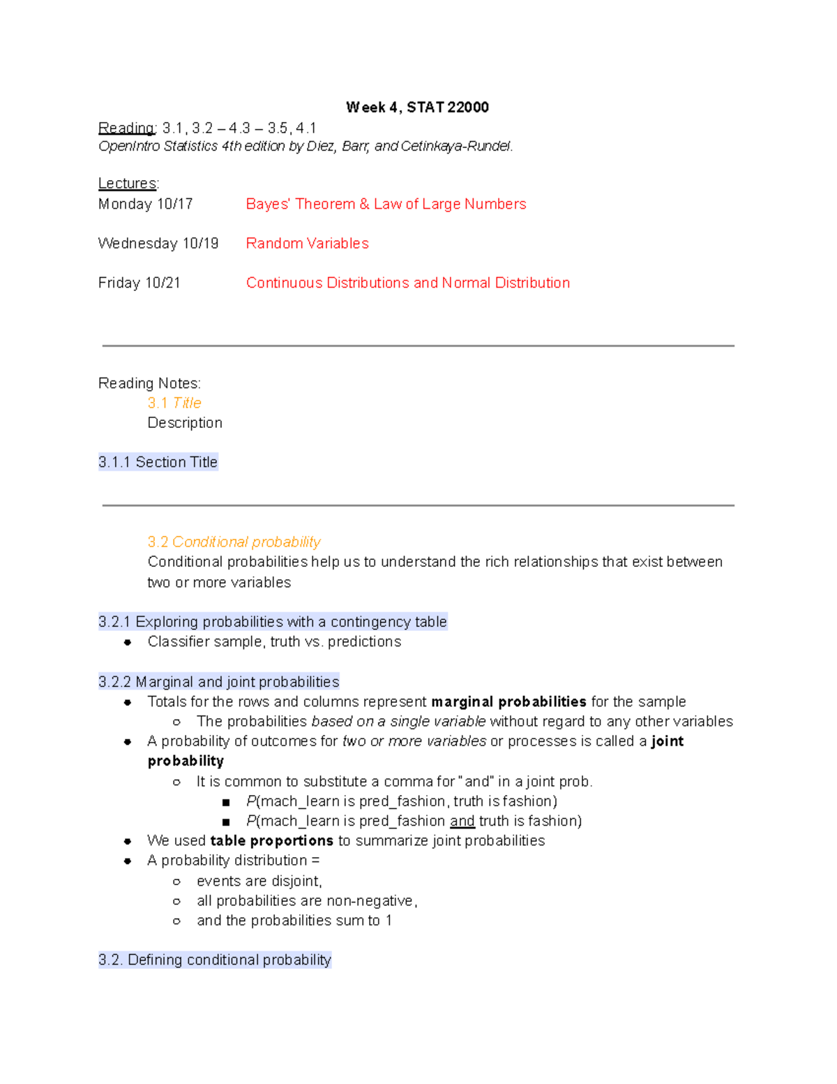 STAT textbook notes WEEK 4 - Week 4, STAT 22000 Reading : 3, 3 3 4 3 3 ...