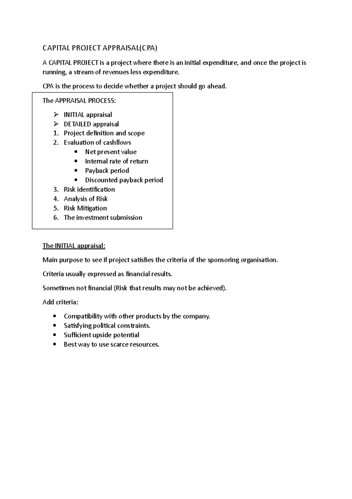 Summary CPA - Health Care Fin Summary - CAPITAL PROJECT APPRAISAL(CPA ...