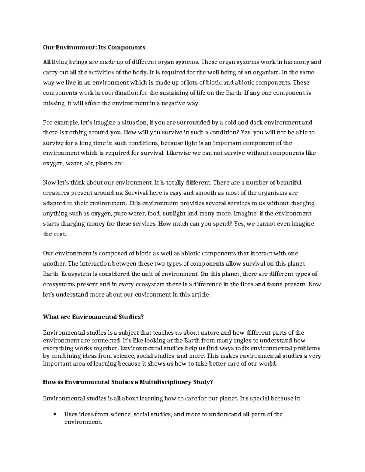 EVS Notes UNIT 1 - Our Environment: Its Components All living beings ...