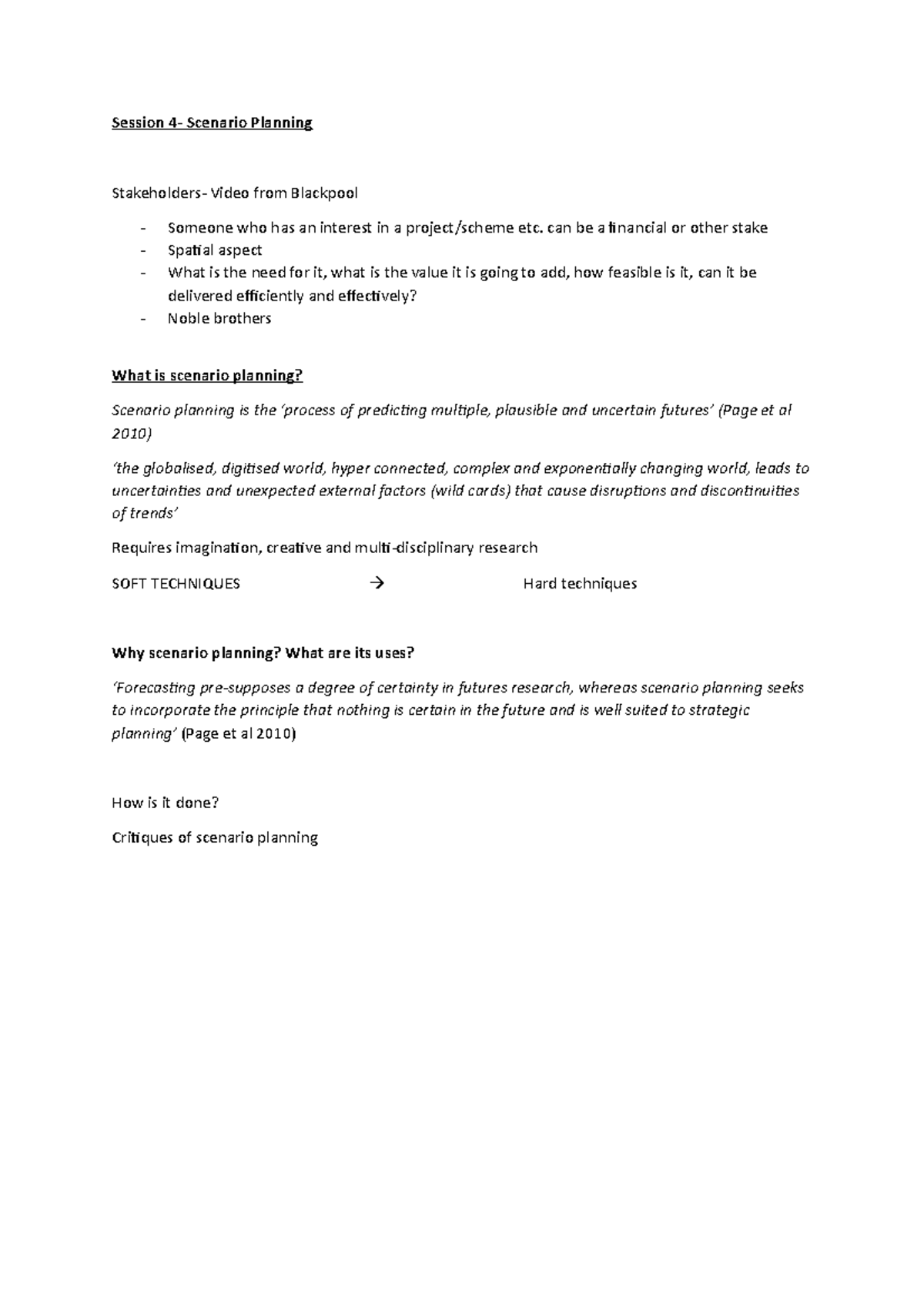 Session 4 - Lecture notes 4 - Session 4- Scenario Planning Stakeholders ...