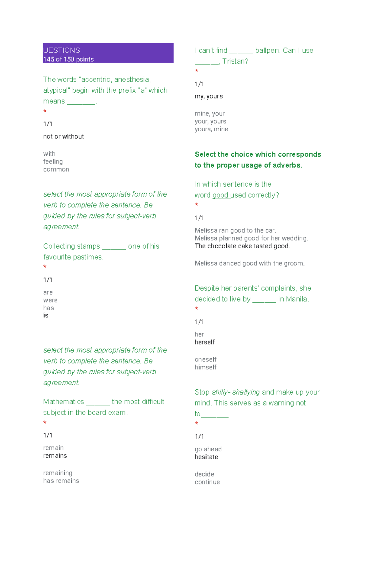 Gen Ed English 1 - LET Reviewer - UESTIONS 145 of 150 points The words ...