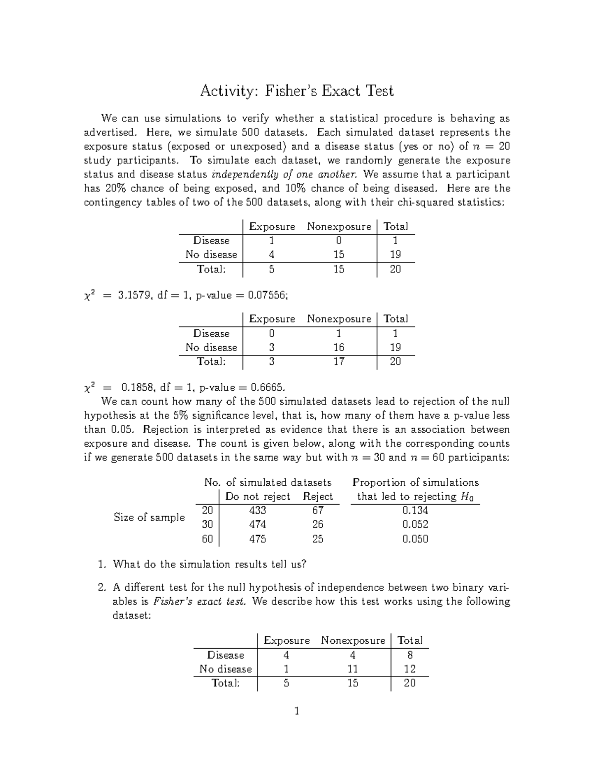08-Fisher Exact Test - Activity: Fisher’s Exact Test We can use ...