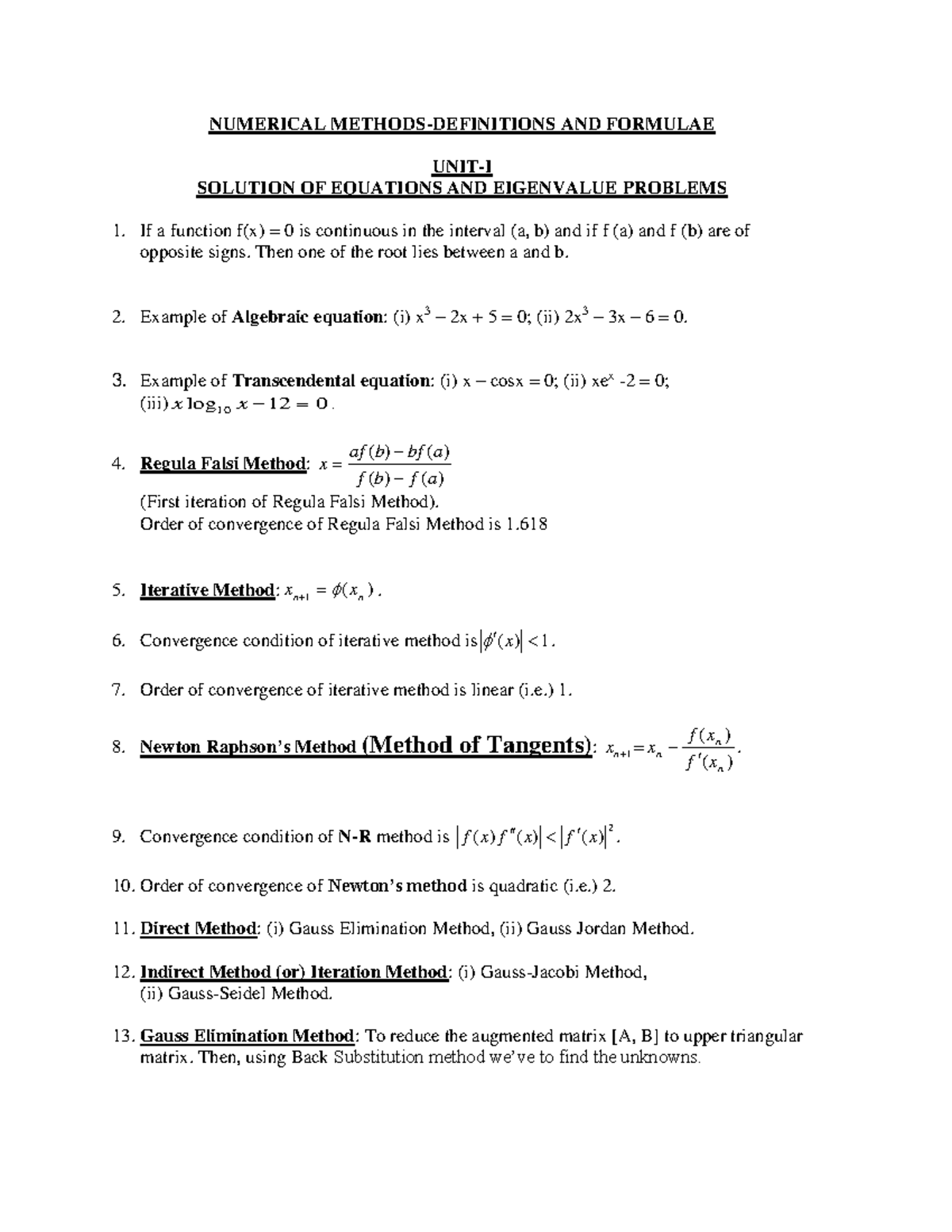 Formulae And Defns Numerical Methods Numerical Methods Definitions And Formulae Unit I Solution