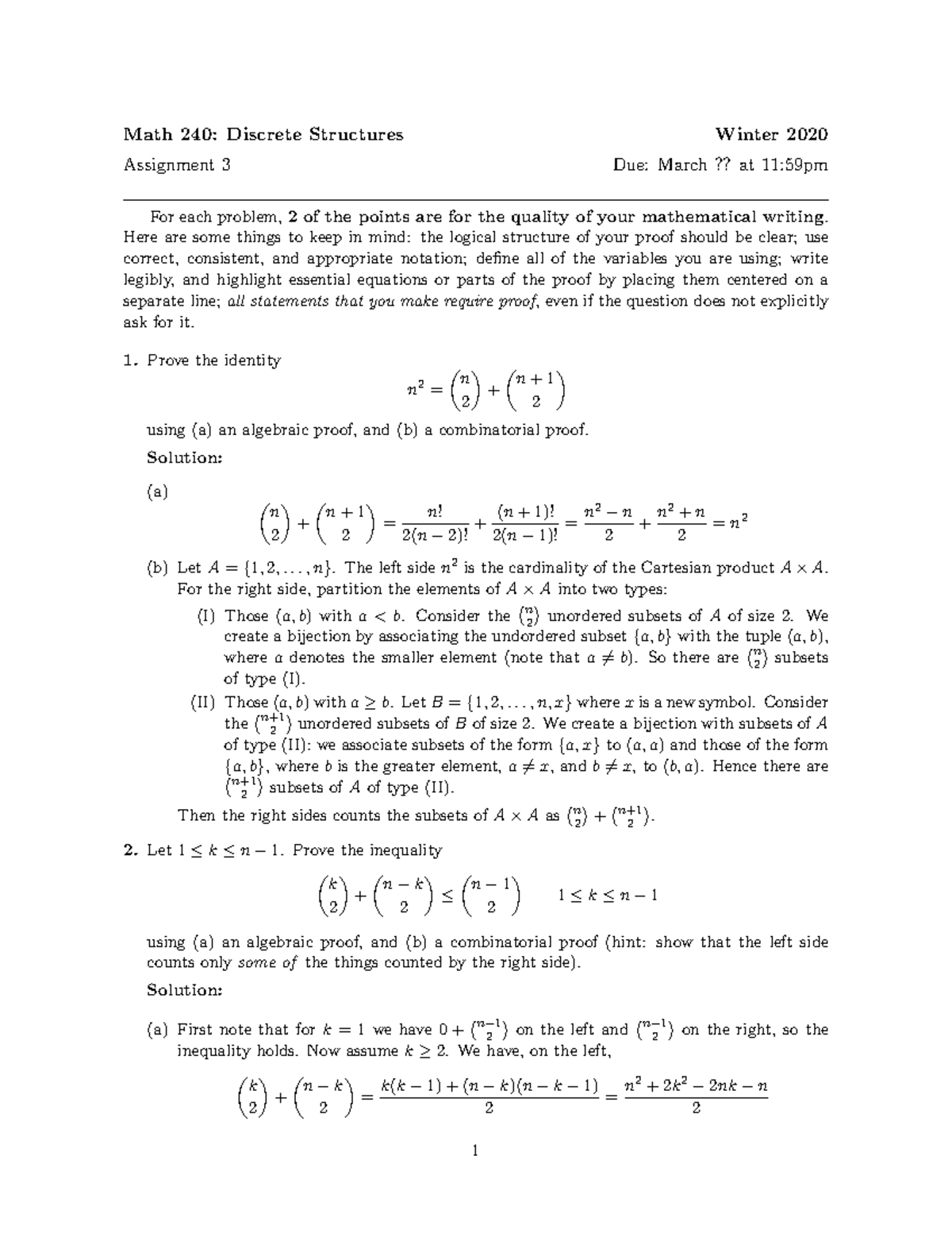Assignment 3 Solutions - Math 240: Discrete Structures Winter 2020 Assignment 3 Due: March ?? at ...