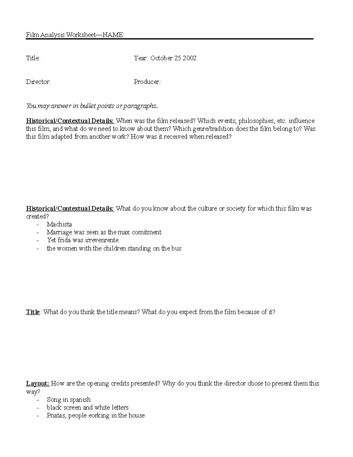 Frida film analysis worksheet - Film Analysis Worksheet—NAME: Title ...