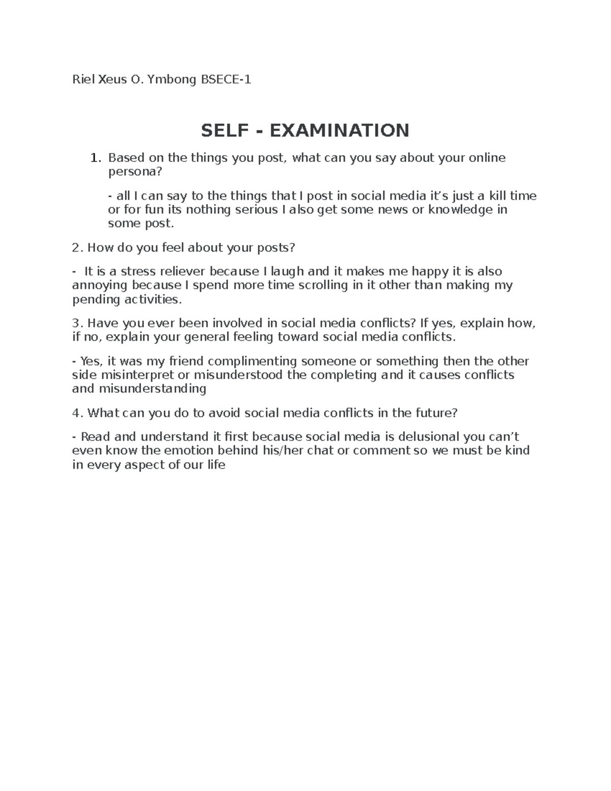 Self- examination - Psychology - Riel Xeus O. Ymbong BSECE- SELF ...