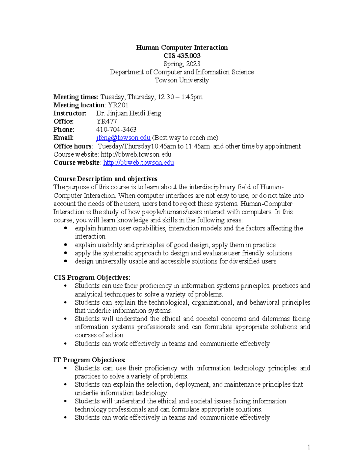 CIS 435 002 HCI syllabus for spring 2023 - Human Computer Interaction CIS 435. Spring, 2023 ...