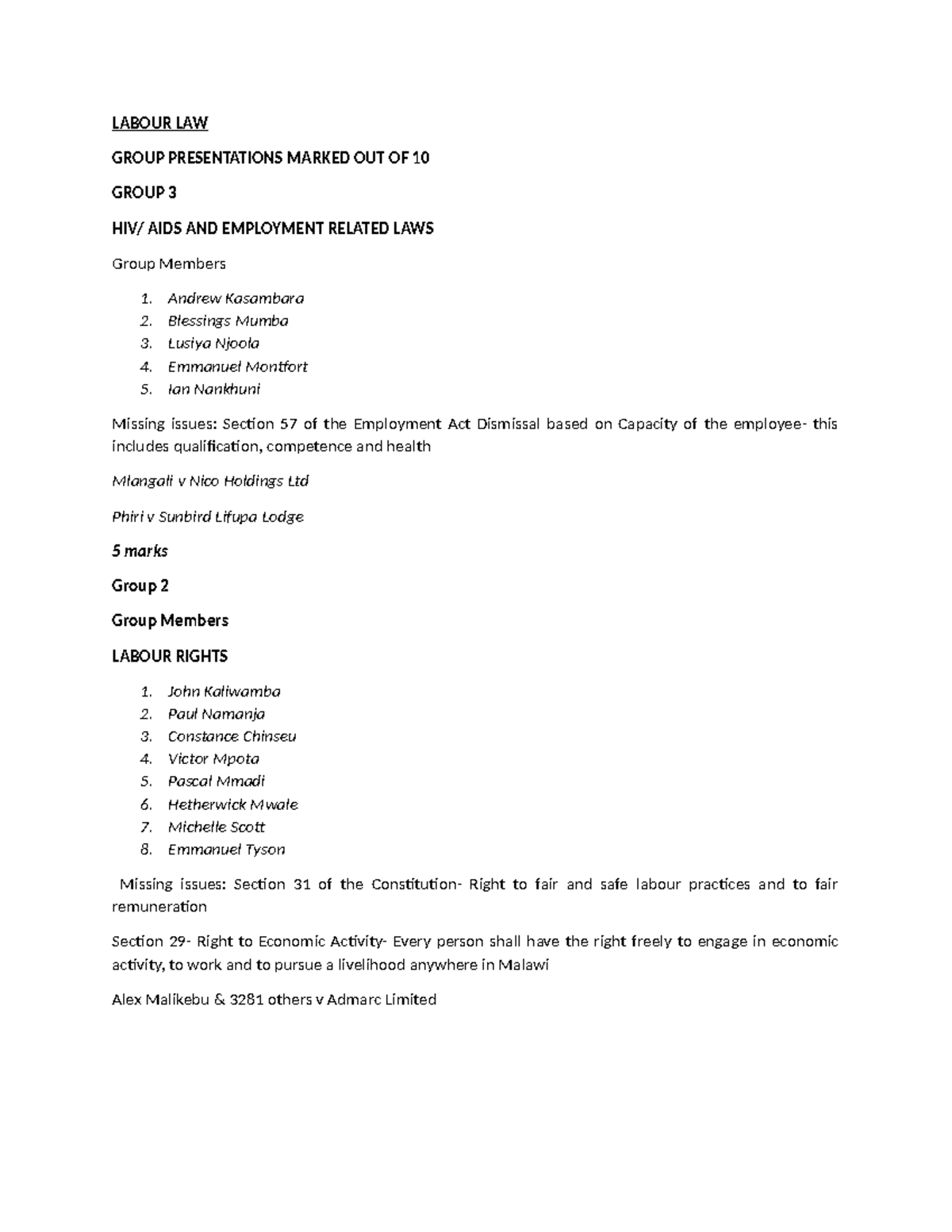 Labour LAW tutorial - LABOUR LAW GROUP PRESENTATIONS MARKED OUT OF 10 ...