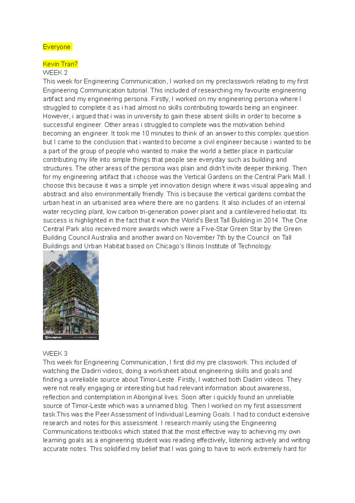 Journal Entries (ENG COM) - Everyone Kevin Tran? WEEK 2 This week for ...