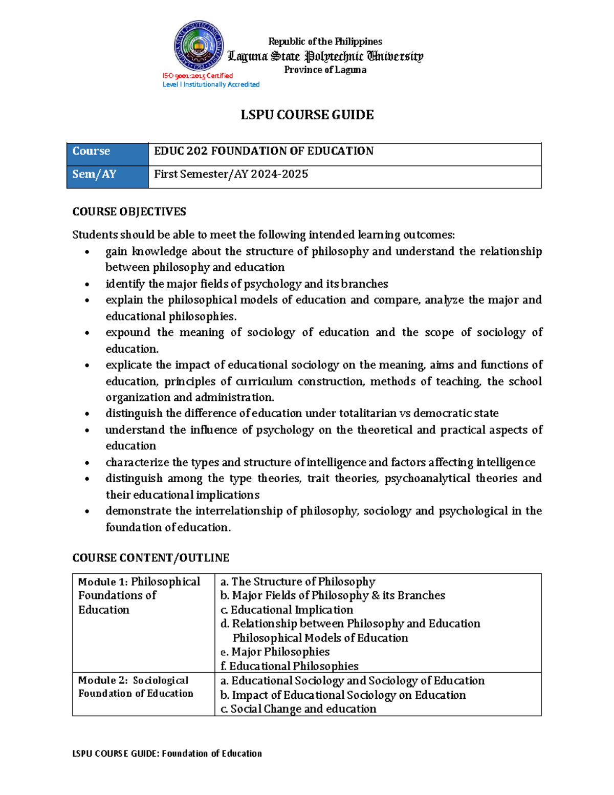 Course Guide of EDUC 202 Foundation of Education - ISO 9001:2015 ...