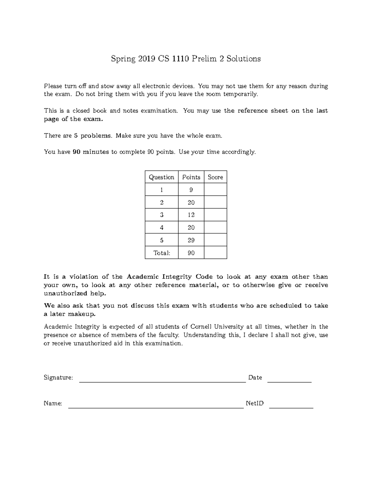 2019 spring prelim 2 answers - Spring 2019 CS 1110 Prelim 2 Solutions ...