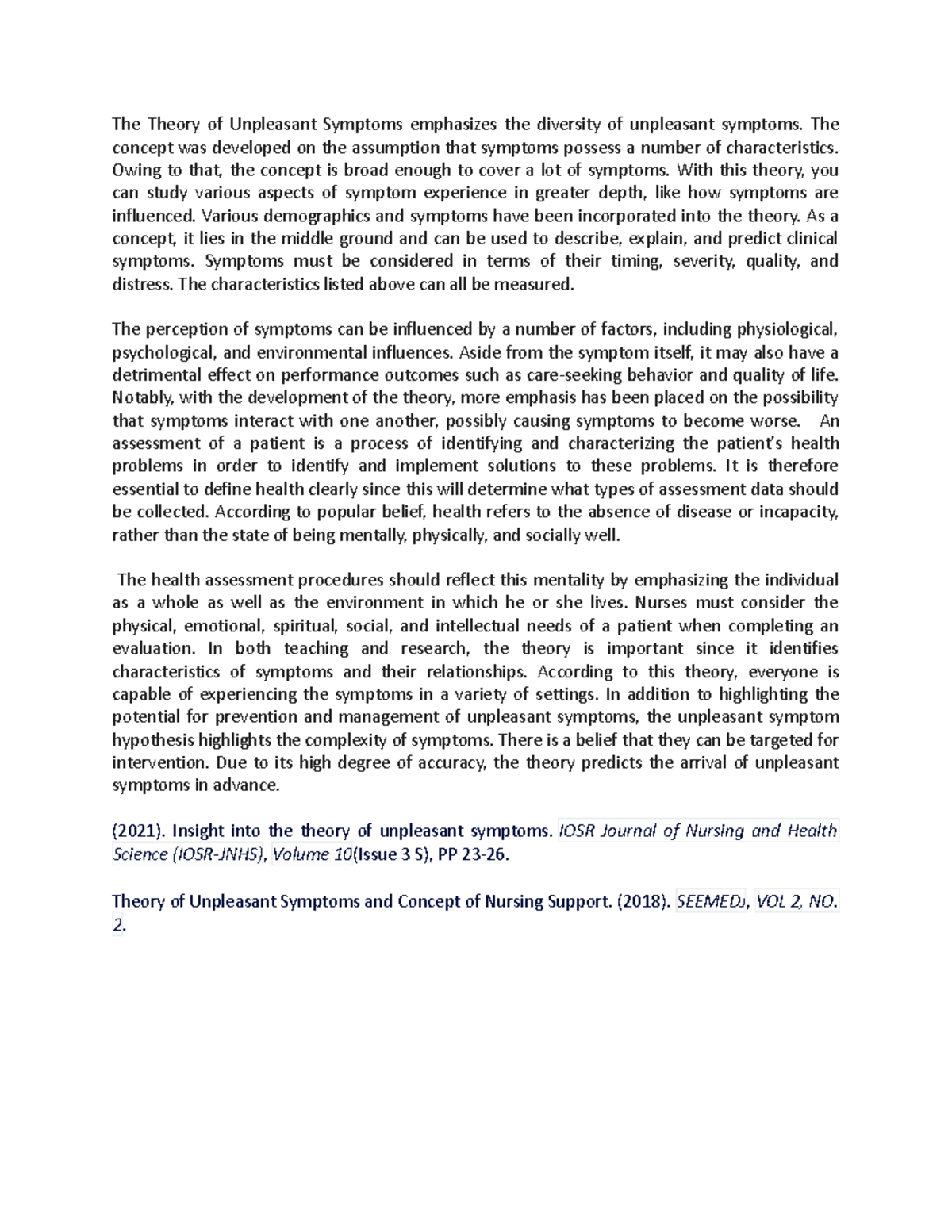 The Theory of Unpleasant Symptoms - NUR2480 - Studocu