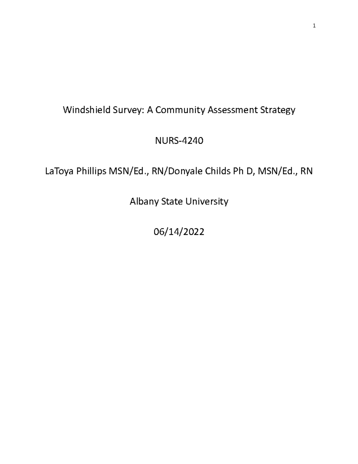 Windshield survey - , RN/Donyale Childs Ph D, MSN/Ed., RN Albany State ...