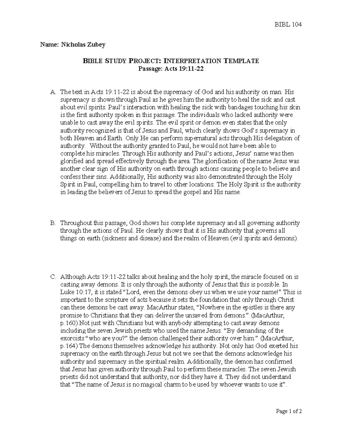 Bible Study Project Interpretation - BIBL 104 Name: Nicholas Zubey ...